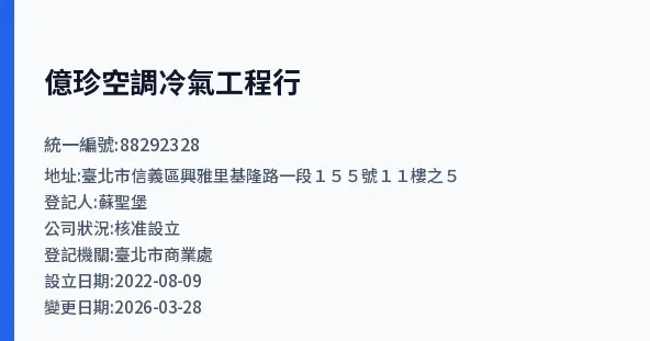 億珍空調冷氣工程行的照片-統編 88292328(臺北市) 公司登記資料與營業項目詳細圖表