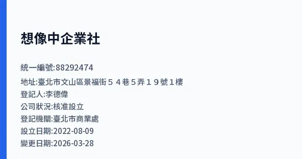 想像中企業社的照片-統編 88292474(臺北市) 公司登記資料與營業項目詳細圖表