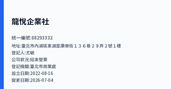 龍悅企業社的照片-統編 88293332(臺北市) 公司登記資料與營業項目詳細圖表