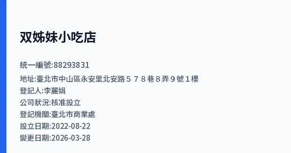 双姊妹小吃店的照片-統編 88293831(臺北市) 公司登記資料與營業項目詳細圖表