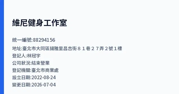 維尼健身工作室的照片-統編 88294156(臺北市) 公司登記資料與營業項目詳細圖表