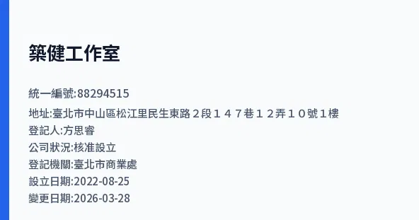 築健工作室的照片-統編 88294515(臺北市) 公司登記資料與營業項目詳細圖表