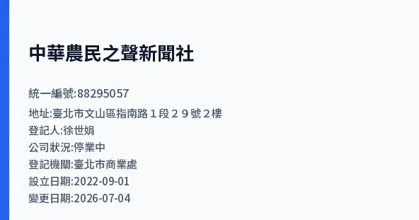 中華農民之聲新聞社的照片-統編 88295057(臺北市) 公司登記資料與營業項目詳細圖表
