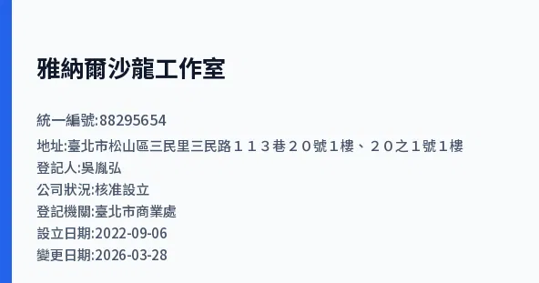 雅納爾沙龍工作室的照片-統編 88295654(臺北市) 公司登記資料與營業項目詳細圖表