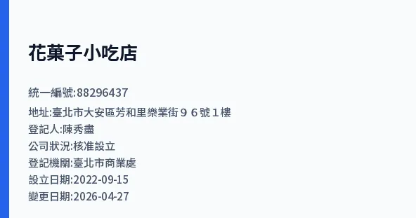 花菓子小吃店的照片-統編 88296437(臺北市) 公司登記資料與營業項目詳細圖表