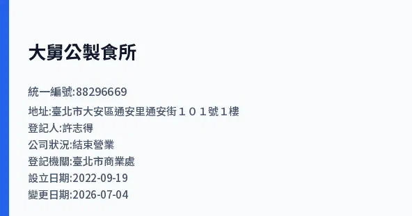 大舅公製食所的照片-統編 88296669(臺北市) 公司登記資料與營業項目詳細圖表