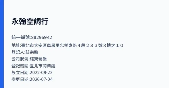永翰空調行的照片-統編 88296942(臺北市) 公司登記資料與營業項目詳細圖表
