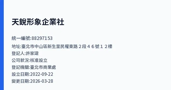 天銳形象企業社的照片-統編 88297153(臺北市) 公司登記資料與營業項目詳細圖表