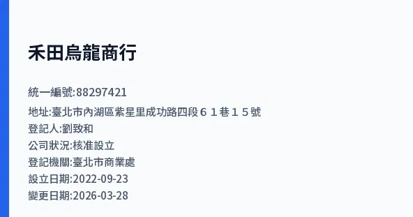 禾田烏龍商行的照片-統編 88297421(臺北市) 公司登記資料與營業項目詳細圖表