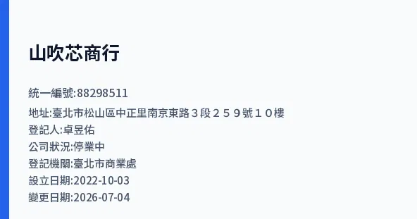 山吹芯商行的照片-統編 88298511(臺北市) 公司登記資料與營業項目詳細圖表