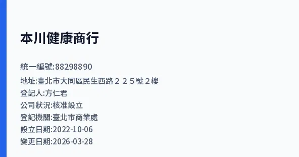 本川健康商行的照片-統編 88298890(臺北市) 公司登記資料與營業項目詳細圖表