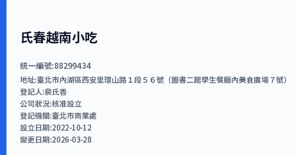 氏春越南小吃的照片-統編 88299434(臺北市) 公司登記資料與營業項目詳細圖表