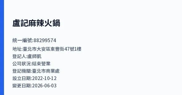 盧記麻辣火鍋的照片-統編 88299574(臺北市) 公司登記資料與營業項目詳細圖表