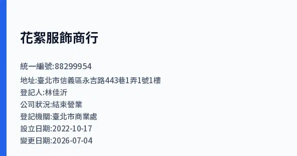 花絮服飾商行的照片-統編 88299954(臺北市) 公司登記資料與營業項目詳細圖表