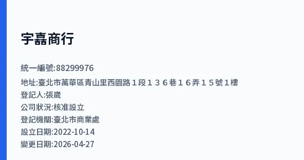 宇嚞商行的照片-統編 88299976(臺北市) 公司登記資料與營業項目詳細圖表