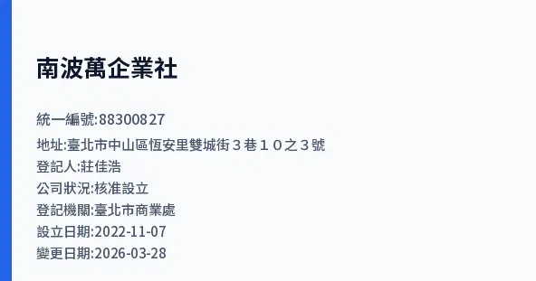 南波萬企業社的照片-統編 88300827(臺北市) 公司登記資料與營業項目詳細圖表