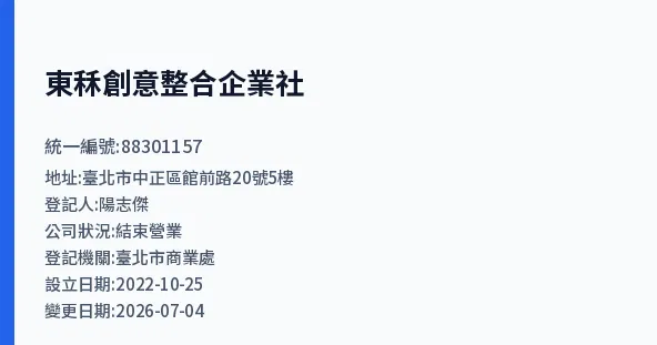 東秝創意整合企業社的照片-統編 88301157(臺北市) 公司登記資料與營業項目詳細圖表
