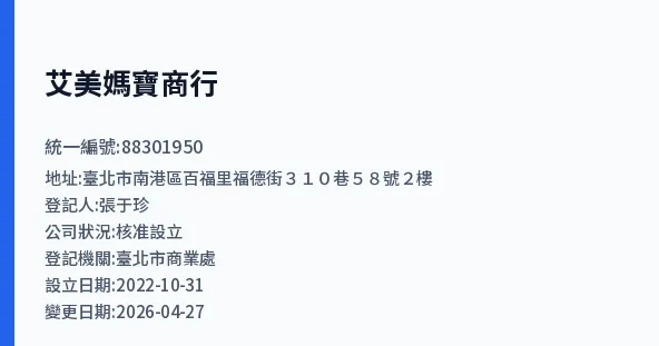 艾美媽寶商行的照片-統編 88301950(臺北市) 公司登記資料與營業項目詳細圖表