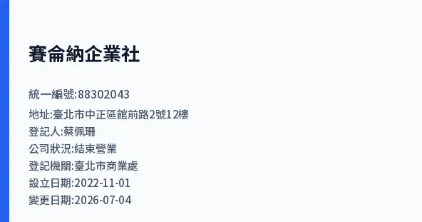 賽侖納企業社的照片-統編 88302043(臺北市) 公司登記資料與營業項目詳細圖表