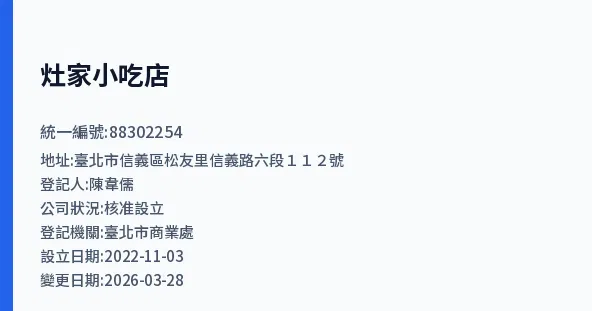 灶家小吃店的照片-統編 88302254(臺北市) 公司登記資料與營業項目詳細圖表