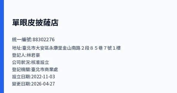 單眼皮披薩店的照片-統編 88302276(臺北市) 公司登記資料與營業項目詳細圖表