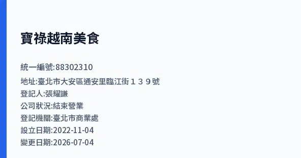 寶祿越南美食的照片-統編 88302310(臺北市) 公司登記資料與營業項目詳細圖表