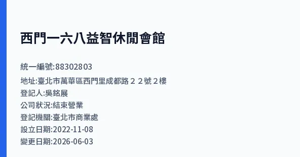 西門一六八益智休閒會館的照片-統編 88302803(臺北市) 公司登記資料與營業項目詳細圖表