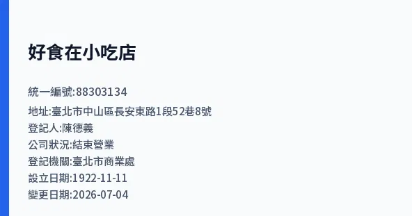 好食在小吃店的照片-統編 88303134(臺北市) 公司登記資料與營業項目詳細圖表