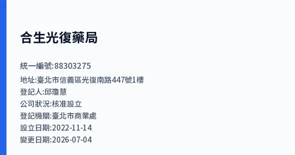 合生光復藥局的照片-統編 88303275(臺北市) 公司登記資料與營業項目詳細圖表