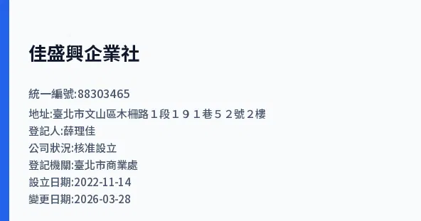 佳盛興企業社的照片-統編 88303465(臺北市) 公司登記資料與營業項目詳細圖表