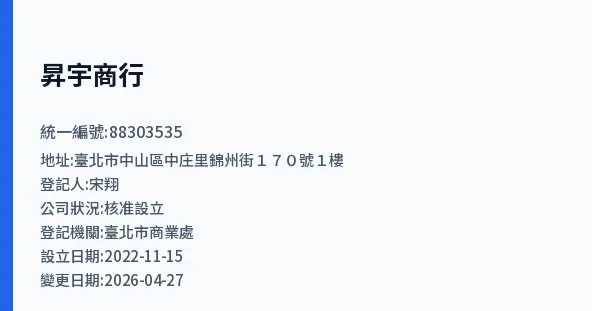 昇宇商行的照片-統編 88303535(臺北市) 公司登記資料與營業項目詳細圖表