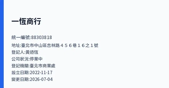 一恆商行的照片-統編 88303818(臺北市) 公司登記資料與營業項目詳細圖表