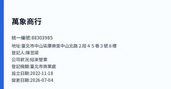 萬象商行的照片-統編 88303985(臺北市) 公司登記資料與營業項目詳細圖表