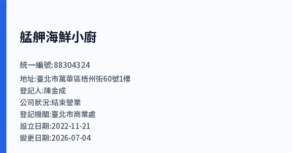 艋舺海鮮小廚的照片-統編 88304324(臺北市) 公司登記資料與營業項目詳細圖表