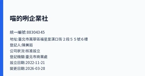 喵的咧企業社的照片-統編 88304345(臺北市) 公司登記資料與營業項目詳細圖表