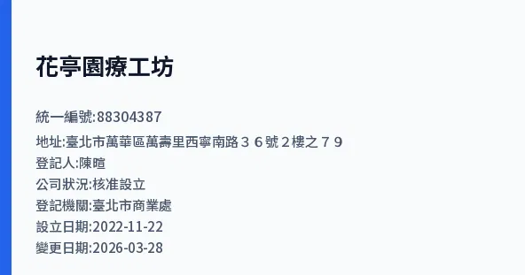 花亭園療工坊的照片-統編 88304387(臺北市) 公司登記資料與營業項目詳細圖表