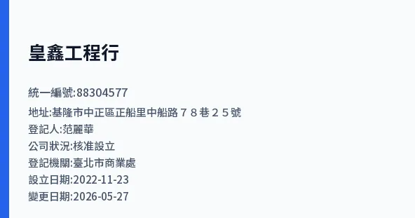 皇鑫工程行的照片-統編 88304577(臺北市) 公司登記資料與營業項目詳細圖表