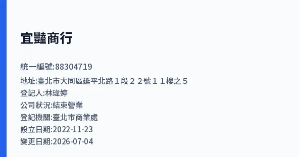 宜豔商行的照片-統編 88304719(臺北市) 公司登記資料與營業項目詳細圖表