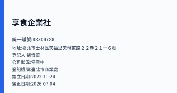 享食企業社的照片-統編 88304788(臺北市) 公司登記資料與營業項目詳細圖表