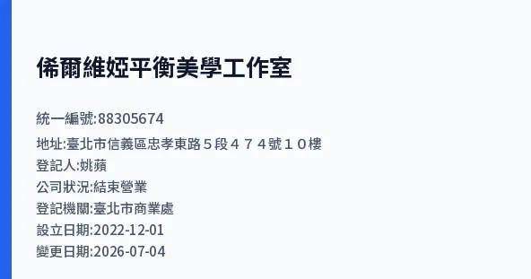 俙爾維婭平衡美學工作室的照片-統編 88305674(臺北市) 公司登記資料與營業項目詳細圖表