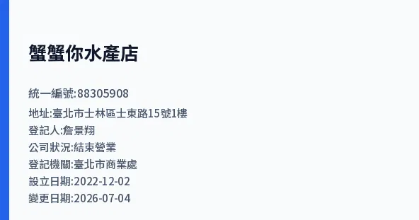 蟹蟹你水產店的照片-統編 88305908(臺北市) 公司登記資料與營業項目詳細圖表