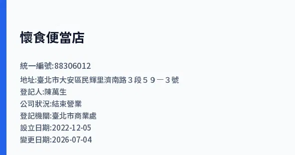懷食便當店的照片-統編 88306012(臺北市) 公司登記資料與營業項目詳細圖表
