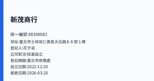 新茂商行的照片-統編 88306081(臺北市) 公司登記資料與營業項目詳細圖表
