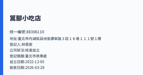篙腳小吃店的照片-統編 88306110(臺北市) 公司登記資料與營業項目詳細圖表