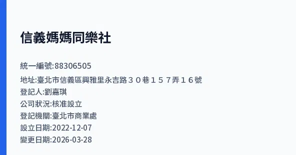 信義媽媽同樂社的照片-統編 88306505(臺北市) 公司登記資料與營業項目詳細圖表