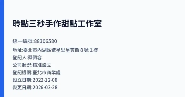 聆點三秒手作甜點工作室的照片-統編 88306580(臺北市) 公司登記資料與營業項目詳細圖表