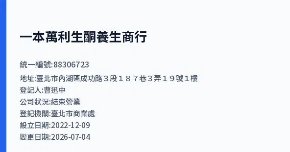 一本萬利生酮養生商行的照片-統編 88306723(臺北市) 公司登記資料與營業項目詳細圖表