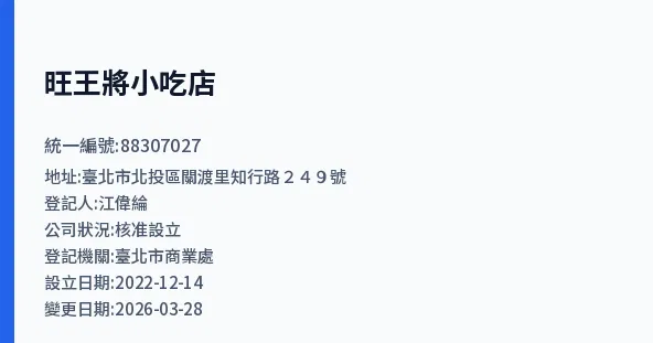 旺王將小吃店的照片-統編 88307027(臺北市) 公司登記資料與營業項目詳細圖表