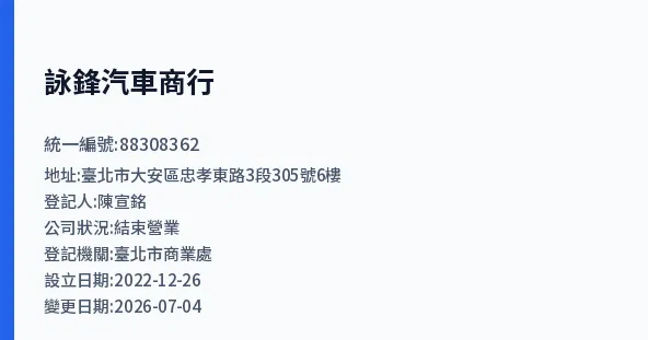 詠鋒汽車商行的照片-統編 88308362(臺北市) 公司登記資料與營業項目詳細圖表
