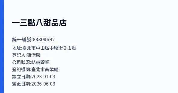 一三點八甜品店的照片-統編 88308692(臺北市) 公司登記資料與營業項目詳細圖表